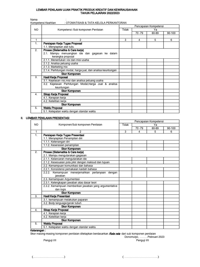 Lembar Penilaianujian Praktek PKK Bismen OTKP | PDF