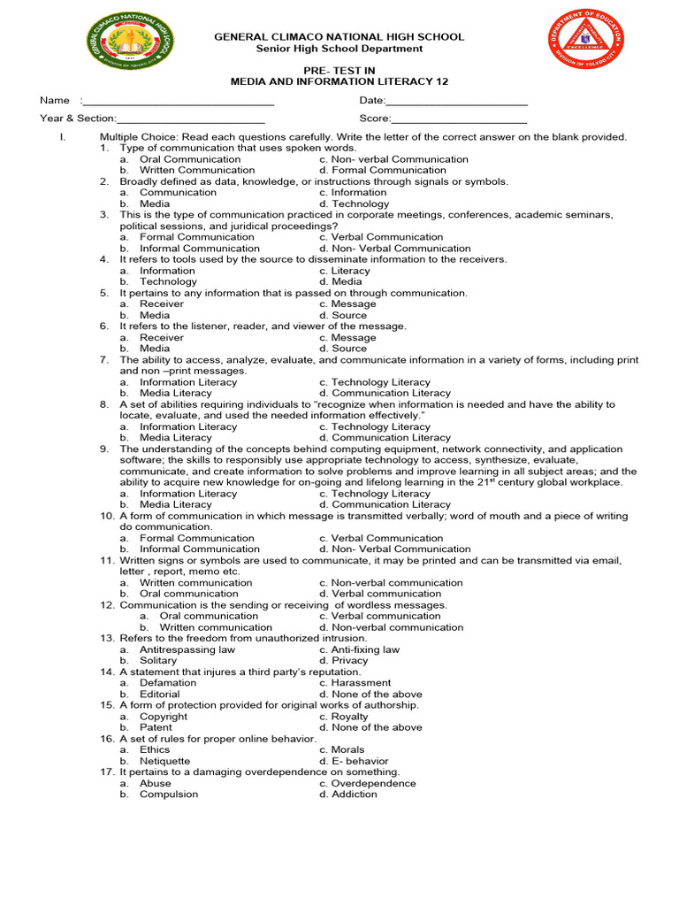 Diagnostic Test in Media and Information Literacy | PDF | Communication ...