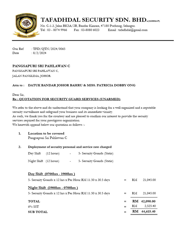 Quotation For Security Services TF | PDF | Private Law | Justice