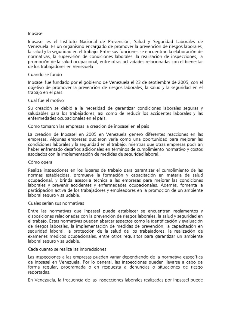 Inpsasel | PDF | Seguridad y salud ocupacional