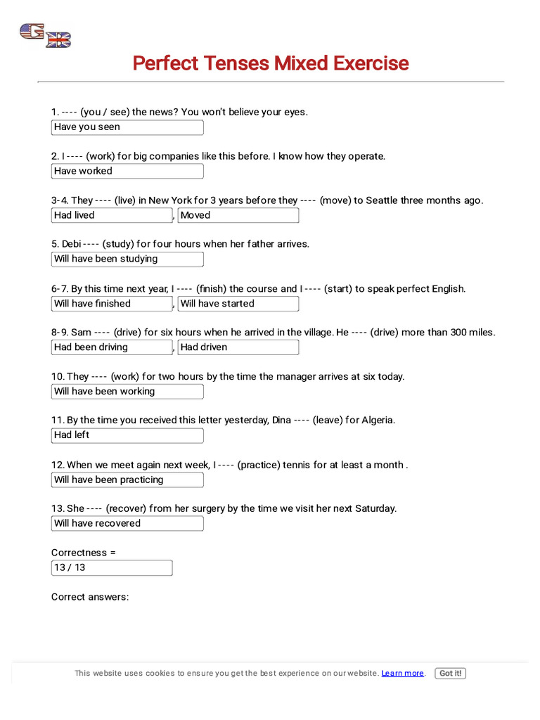 M. Irvan F. XI MIPA 5 - Perfect Tenses Mixed Exercise - GrammarBank | PDF