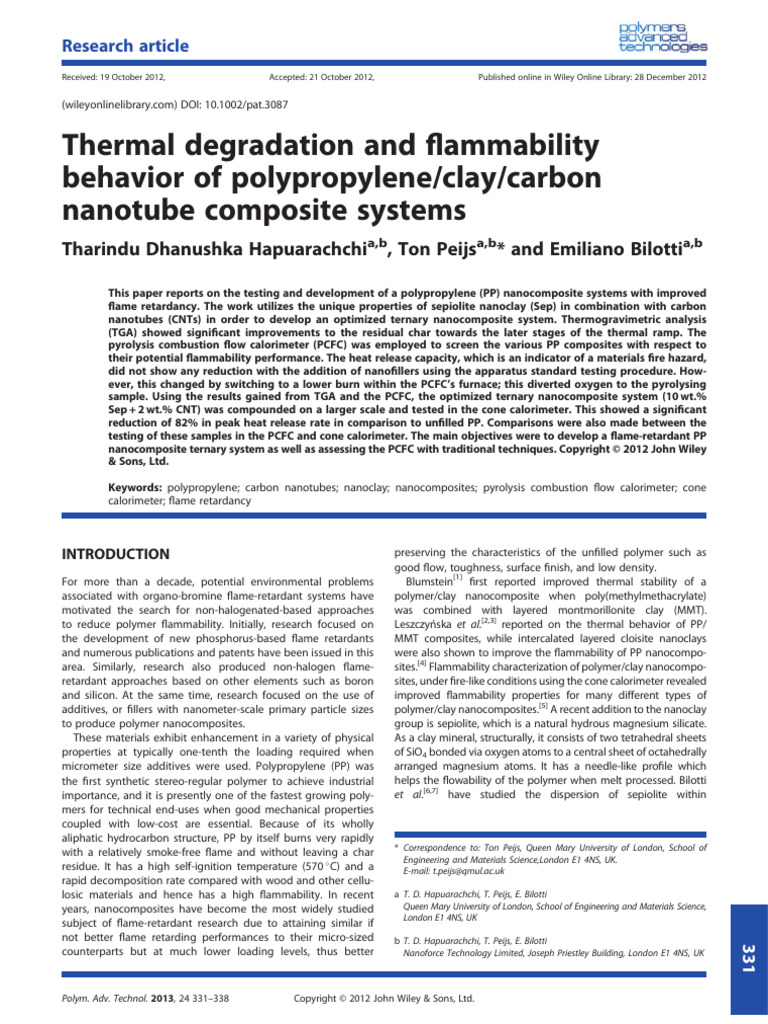 Polymers For Advanced Techs - 2012 - Hapuarachchi - Thermal Degradation ...