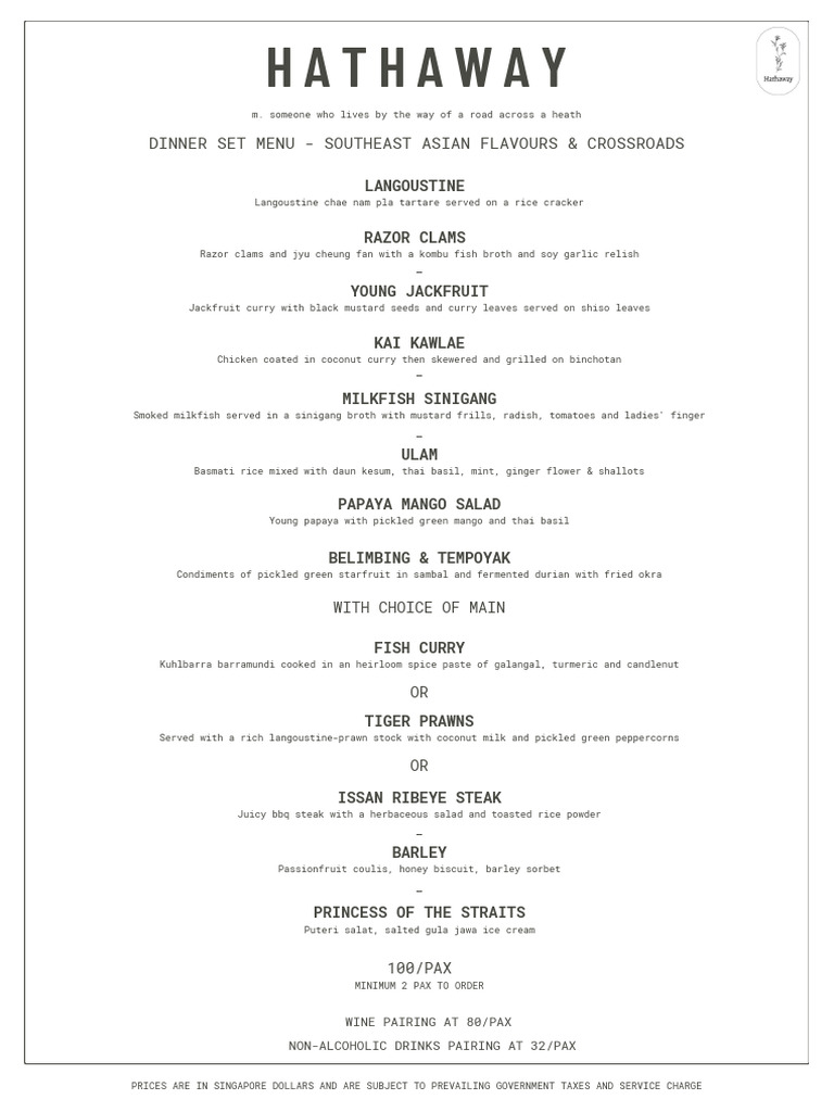 Hathaway's Southeast Asian Dinner Menu | PDF | Curry | Pickling