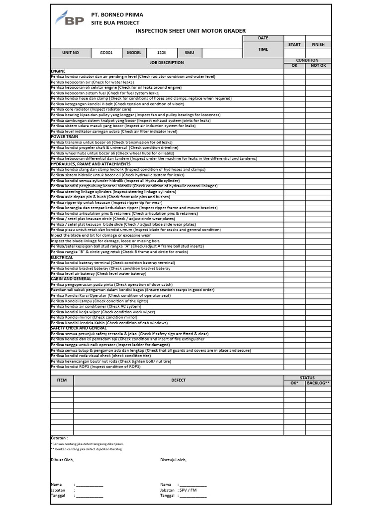 Form Inspection Sheet - Grader | PDF | Axle | Transport