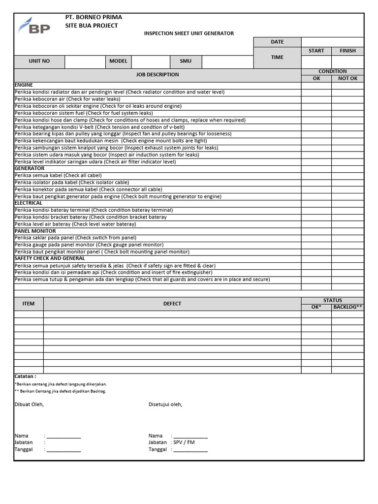 Form Inspection Sheet - Genset | PDF