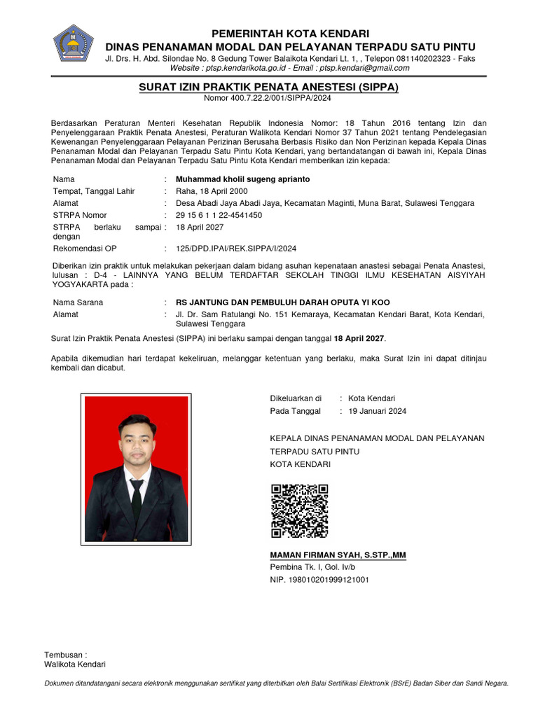 SIP Penata Anestesi Kendari 2024 | PDF