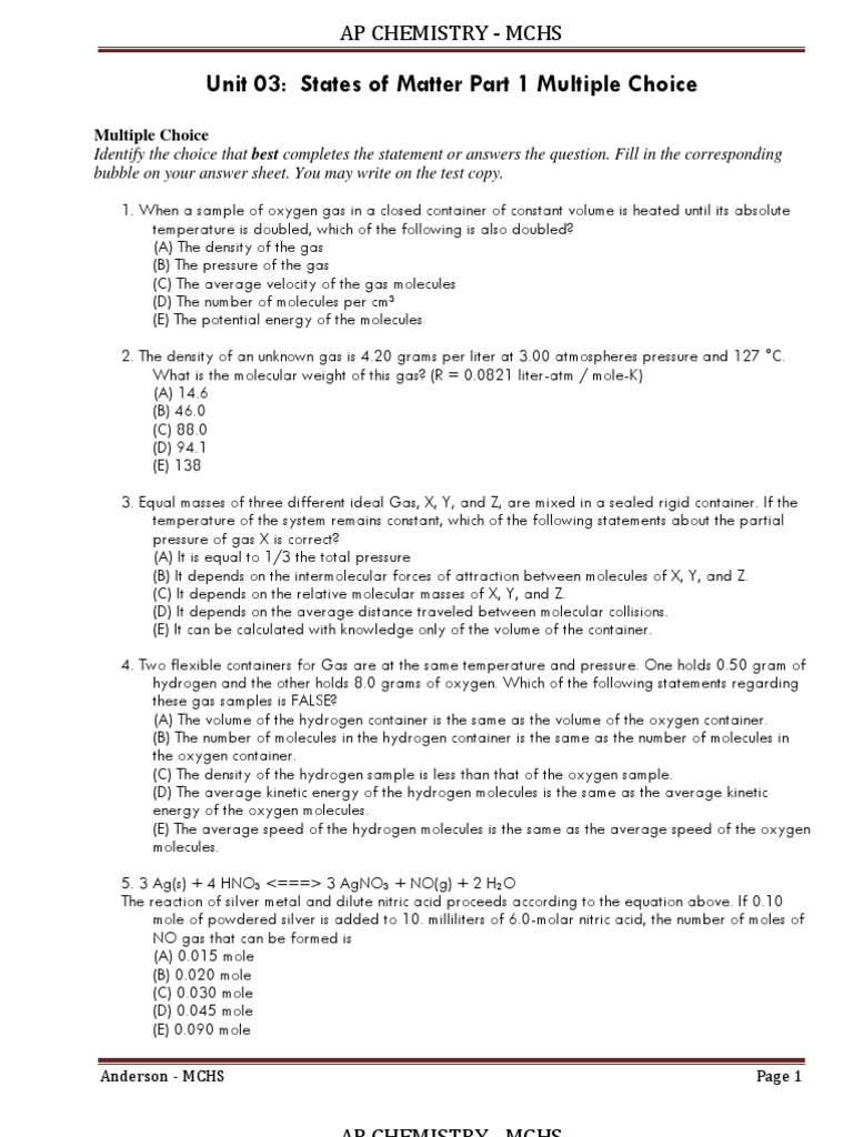 AP CHEM Unit 03 Exam Part 1 | PDF | Phase (Matter) | Gases