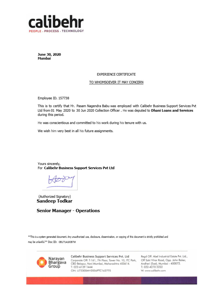 Calibhar HR Dhani Exp Latter | PDF