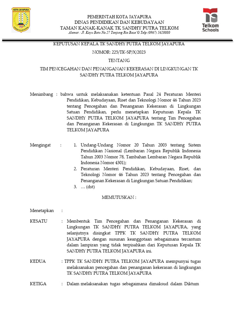 Tim Pencegahan Kekerasan TK Sandhy Putra | PDF