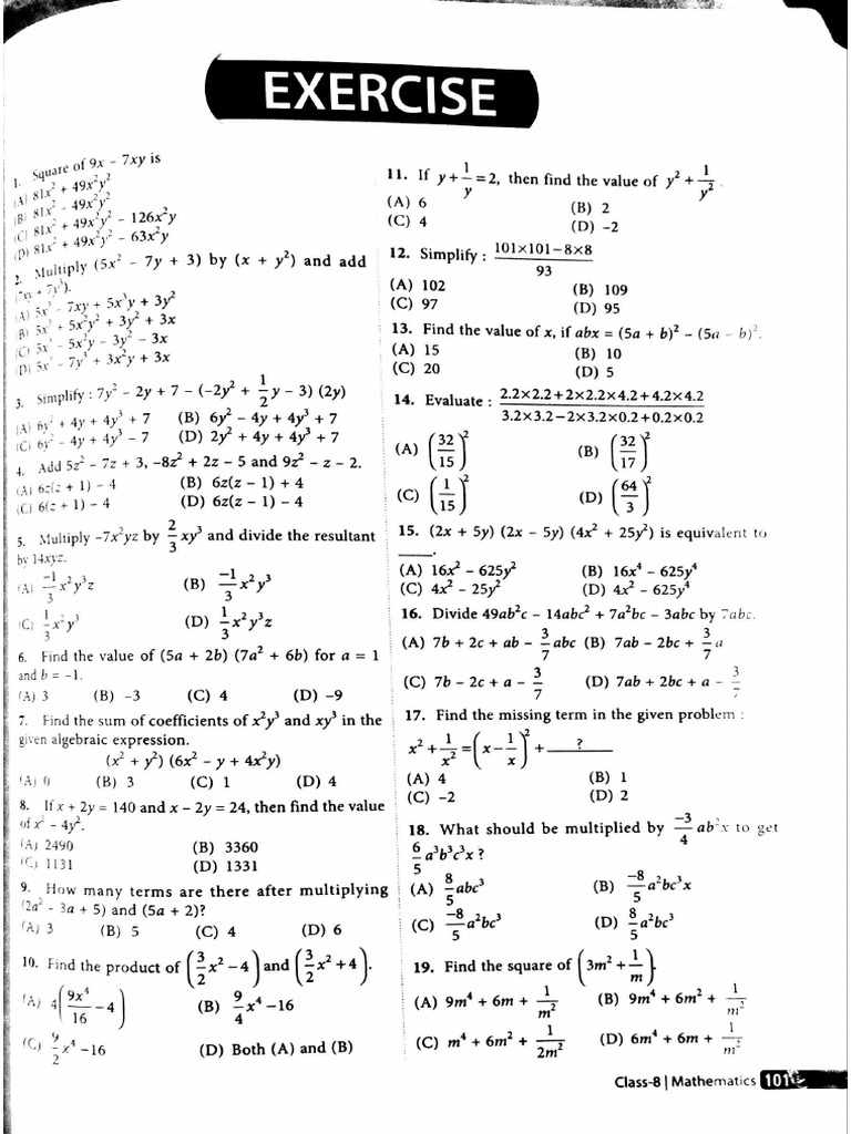 8th ws-9 Algebraic Expressions and Identities | PDF