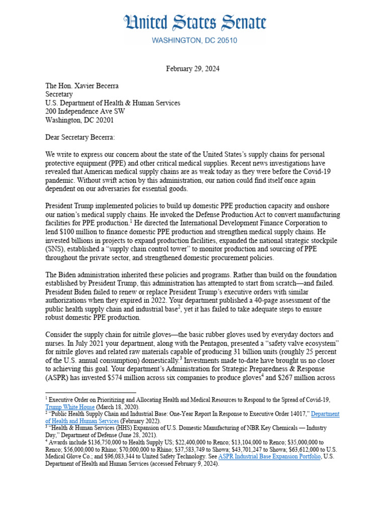 Vance Letter To HHS On PPE Shortages | PDF