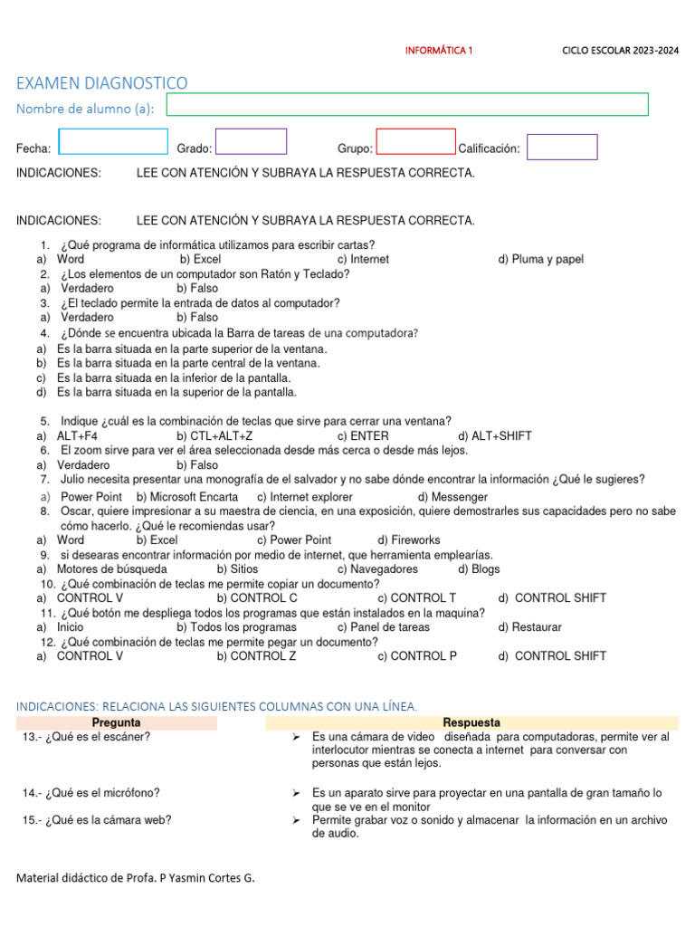Examen Diagnóstico de Informática 1 | PDF | Tecnología de información y comunicaciones | Informática