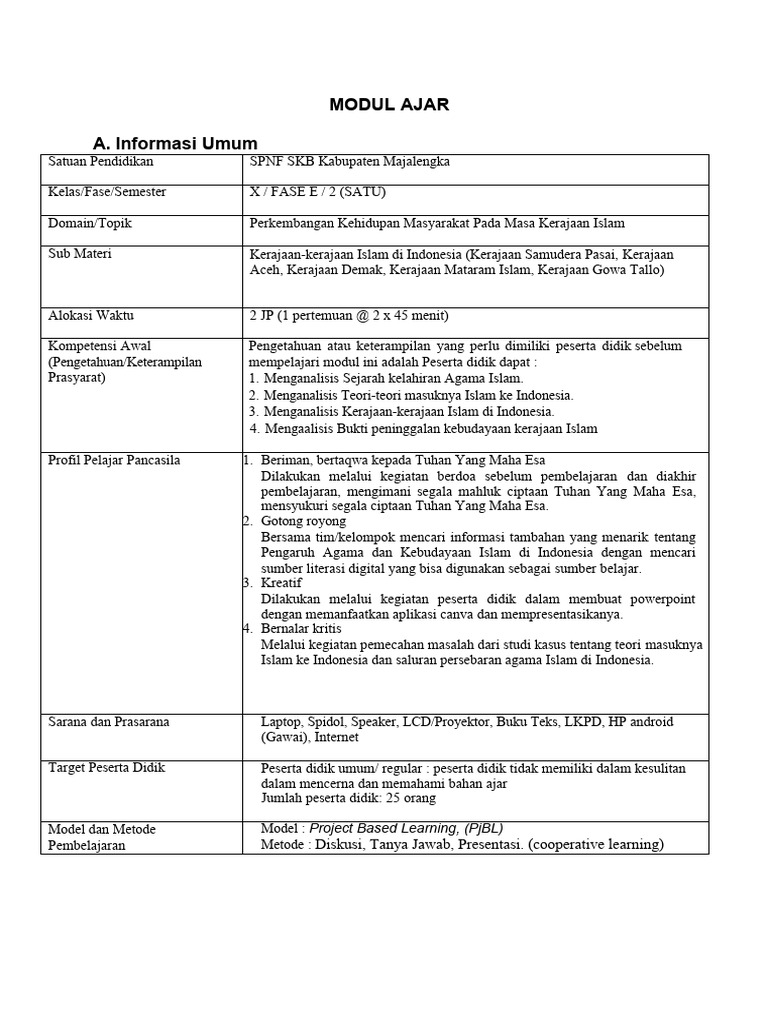 Modul Ajar Sejarah - Modul Ajar Sejarah Kelas X - Perkembangan Islam Di Indonesia - Fase E | PDF