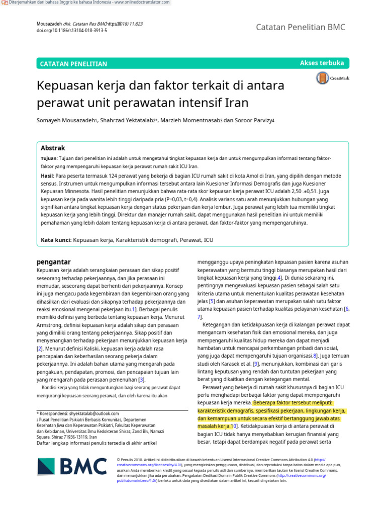 Kepuasan Kerja Perawat ICU di Iran | PDF