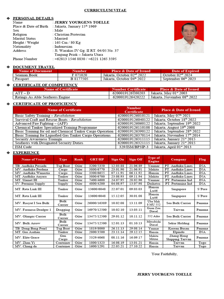 CV Jerry Yourgens Toelle | PDF | Merchant Navy | Shipping