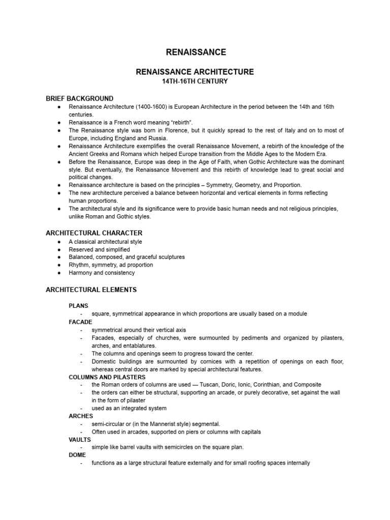 (NOTES) RENAISSANCE ARCHITECTURE - History of Architecture | Download ...