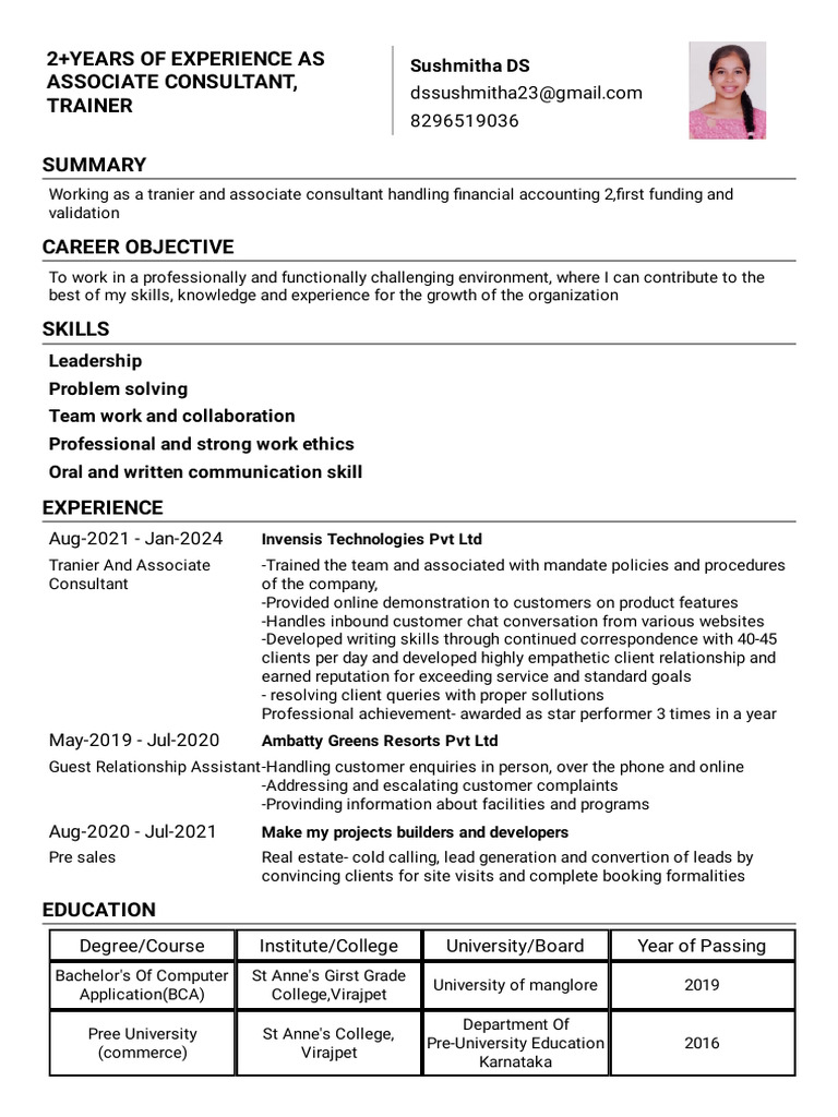 Resume Sushmitha Format1 | PDF | Consultant Resume Sushmitha Format1 | PDF | Consultant