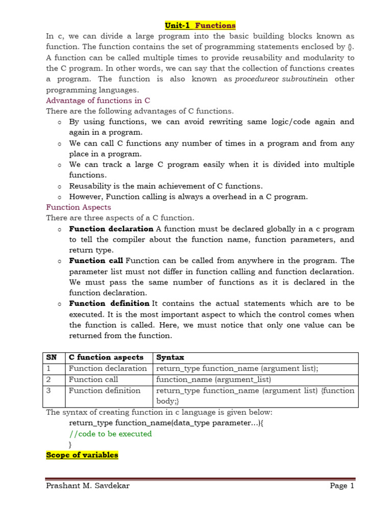 FYBCA Sem 2 C Lang Unit 1 - Functions | PDF | Parameter (Computer Programming) | Variable ...