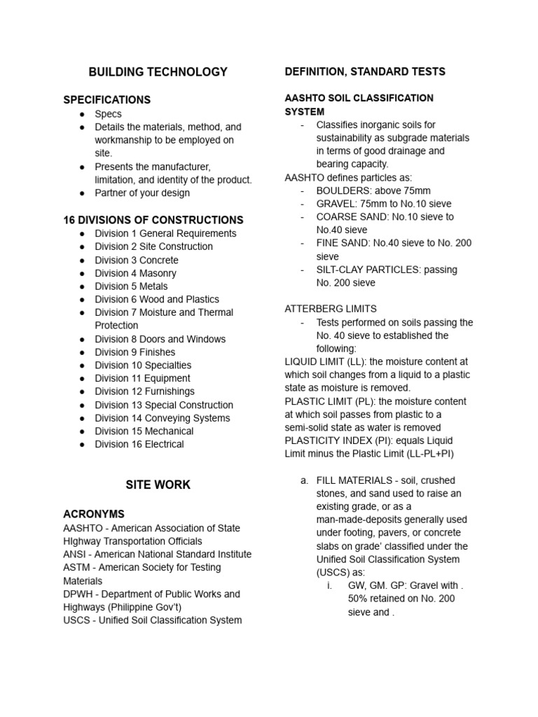 Architectural Building Technology 1 Reviewer | PDF | Civil Engineering | Natural Materials