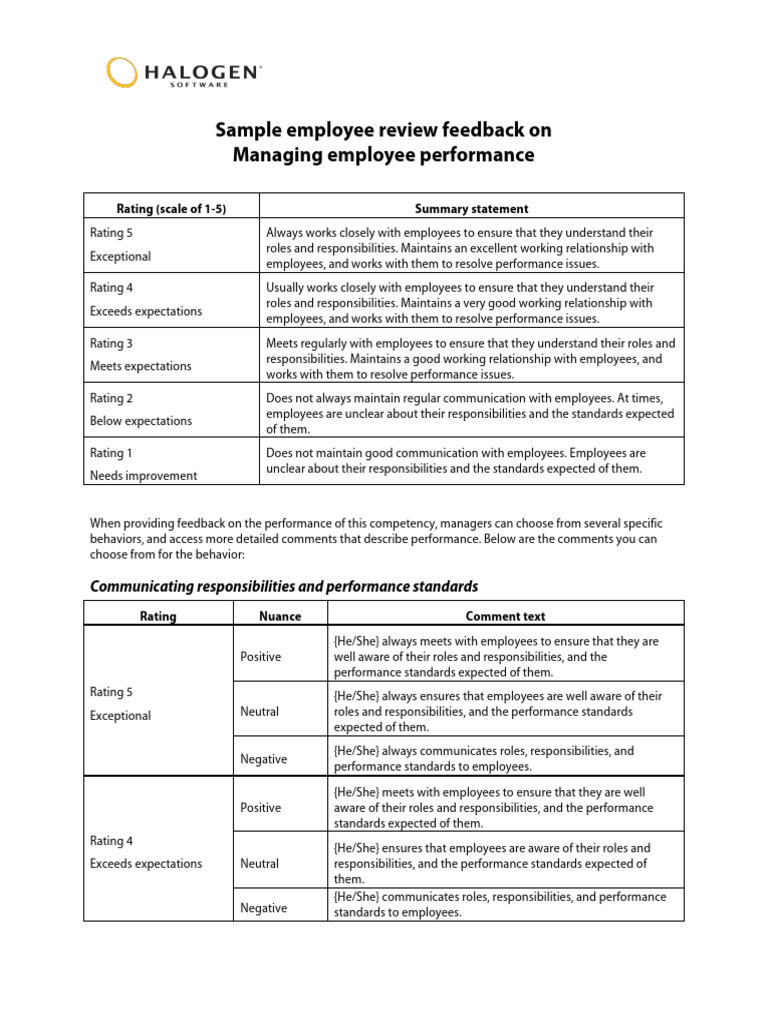 Sample Employee Review Feedback On Managing Employee Performance | PDF ...