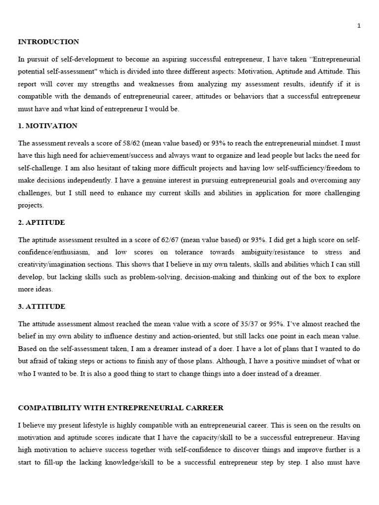 Self Assessment | PDF | Entrepreneurship | Mindset