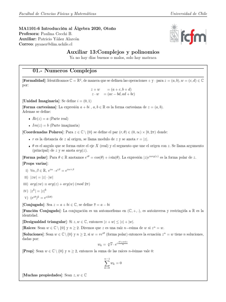 Auxiliar_13_Complejos_y_Polinomios | PDF | Número complejo | Matemáticas