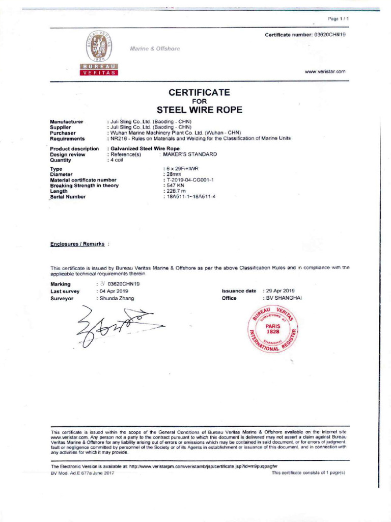 Certificate Steel Wire Rope | PDF