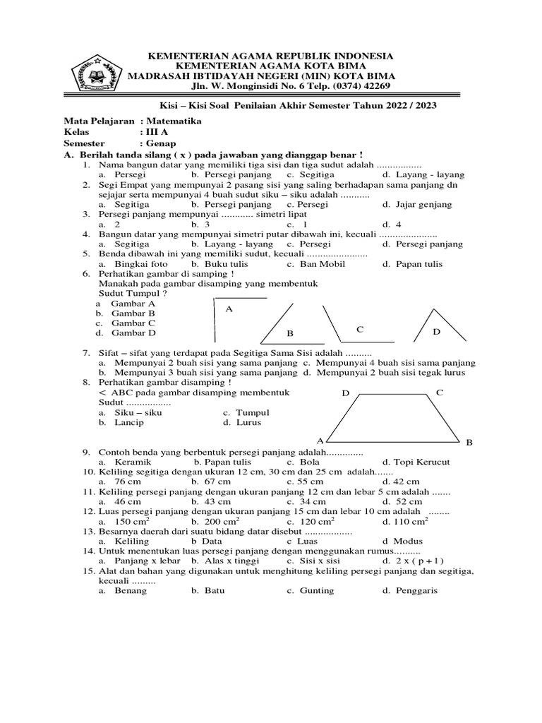 Soal Dan Latihan MTK KLS 3a Semester Genap 2022 - 2023 | PDF