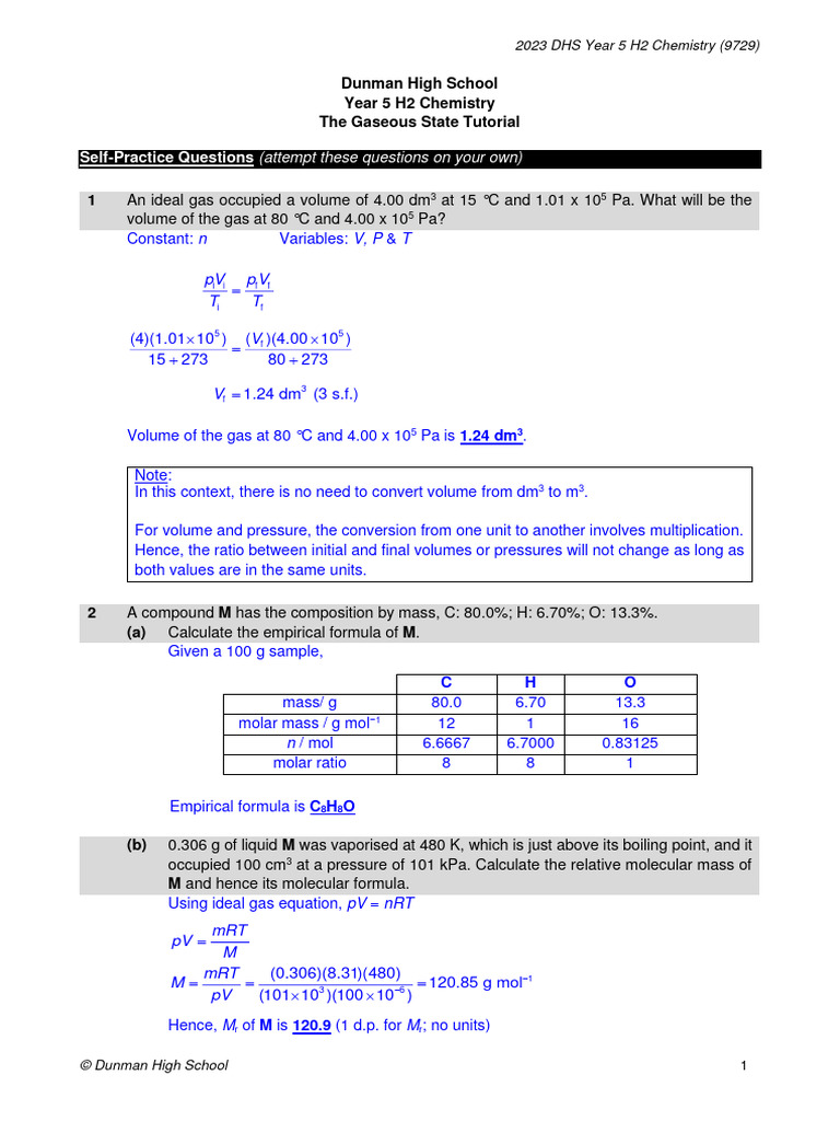 2023 Y5 H2 Gaseous State Tutorial (Suggested Solutions) | PDF | Gases | Intermolecular Force