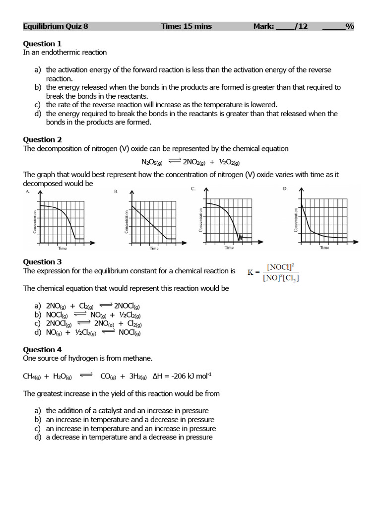 Eqilibrium Quiz 8 | PDF | Chemical Equilibrium | Reaction Rate