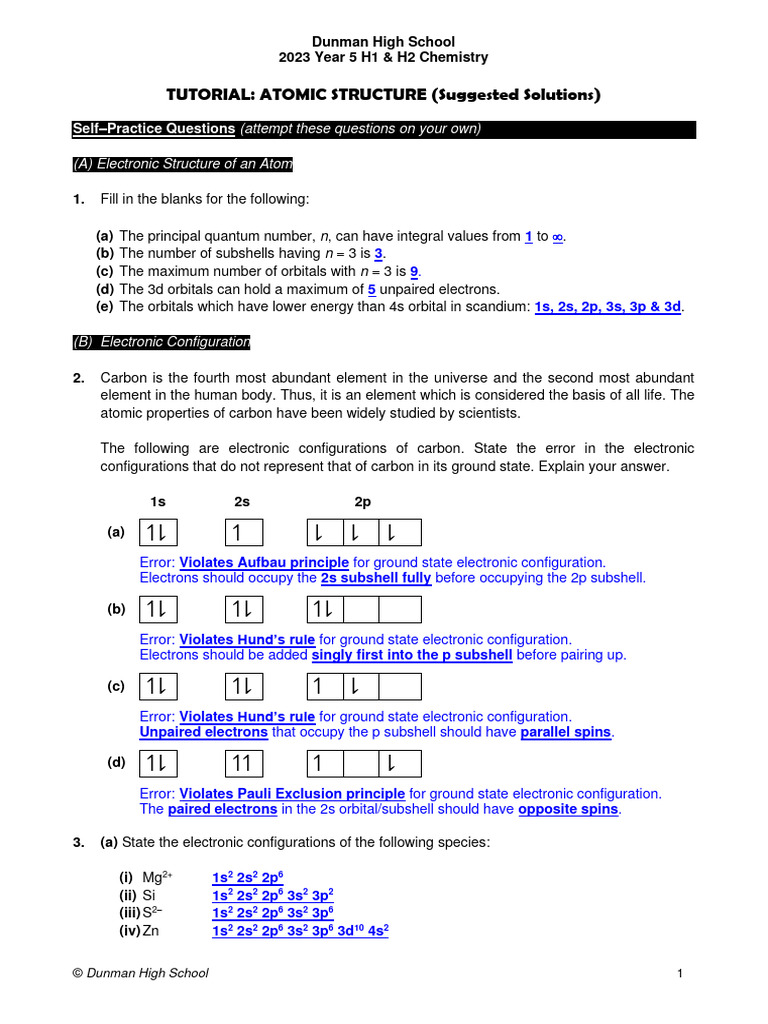 2023 H2 Y5 Atomic Structure Tutorial - Self Practice Solns | PDF ...