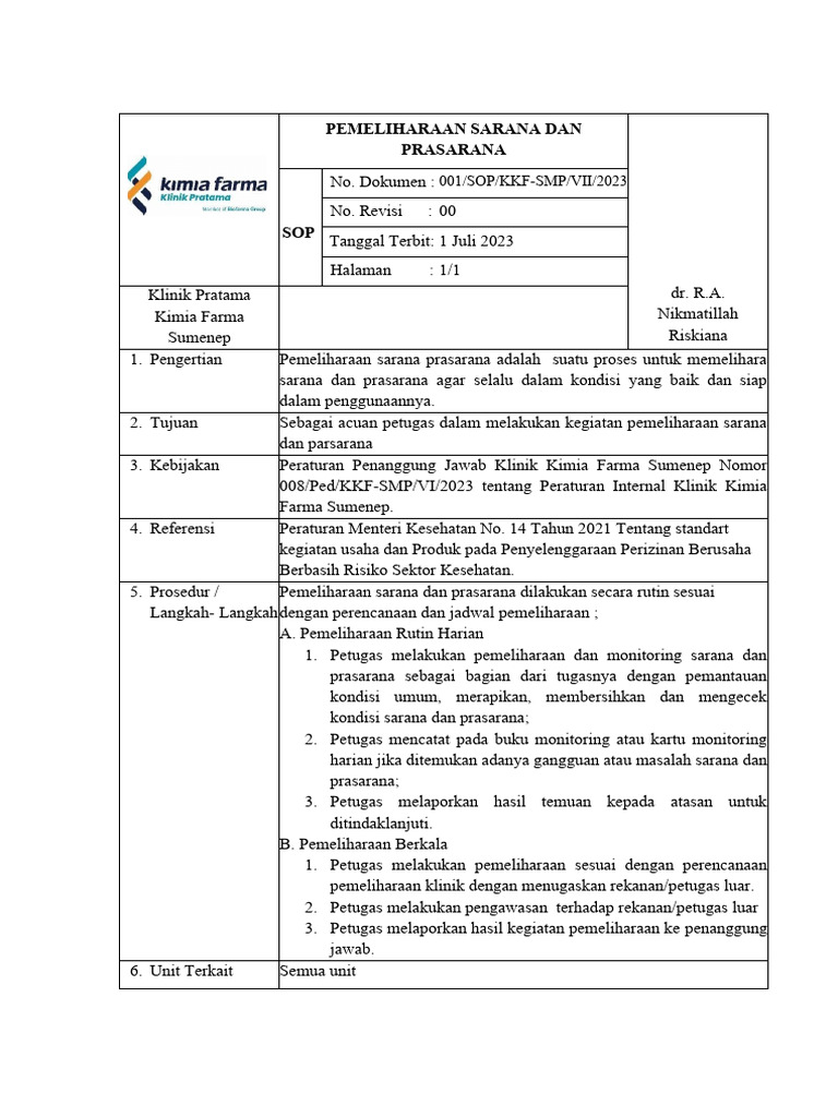 Sop Pemeliharaan Sarana Dan Prasarana Fix | PDF