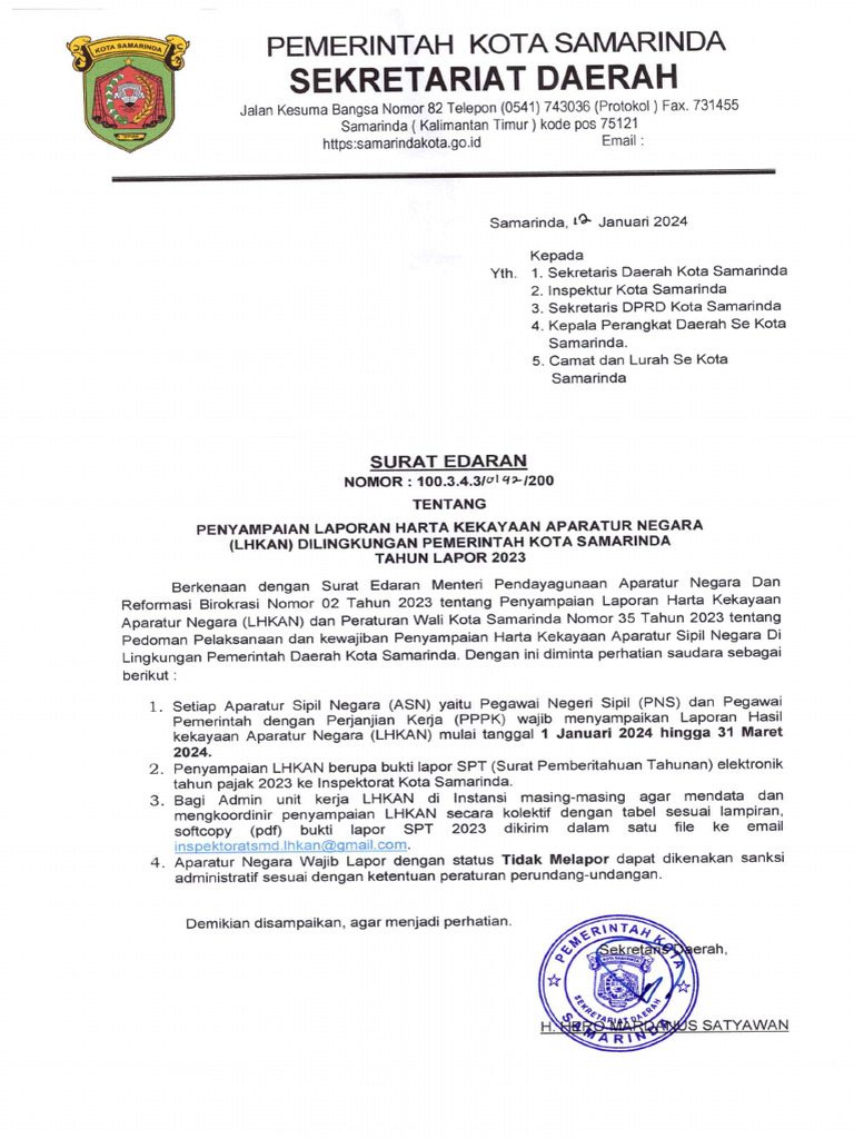 Surat Edaran Penyampaian Laporan Harta Kekayaan Aparatur Negara (LHKAN) Tahun Lapor 2023 | PDF