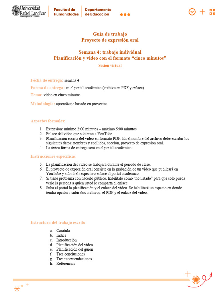 Instrucciones para El Proyecto de Expresión Oral. Semana 4 | PDF | Youtube