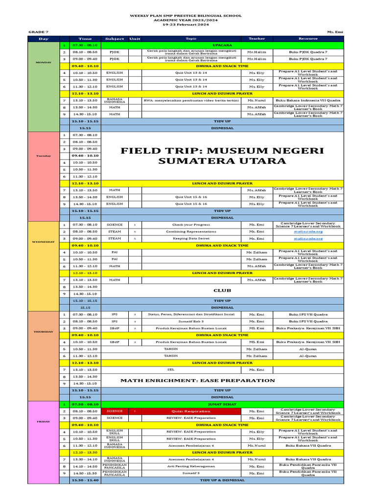 Grade 7 Weekly Plan: SMP Prestige | PDF