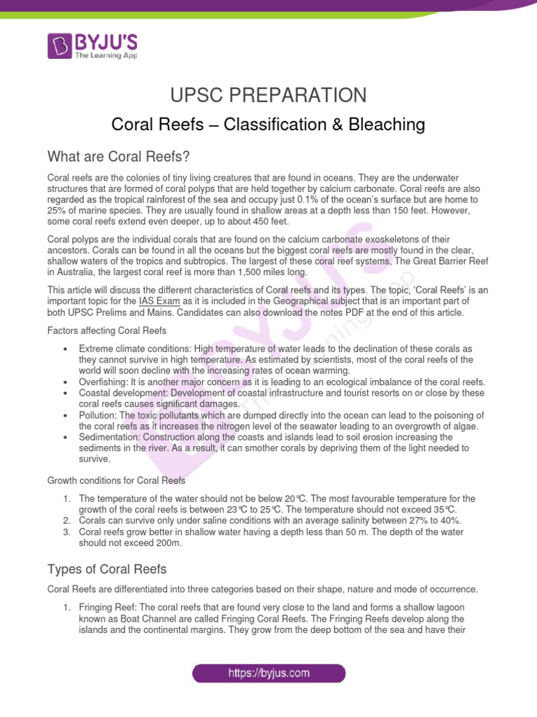 UPSC Guide: Coral Reefs & Bleaching | PDF | Science & Mathematics