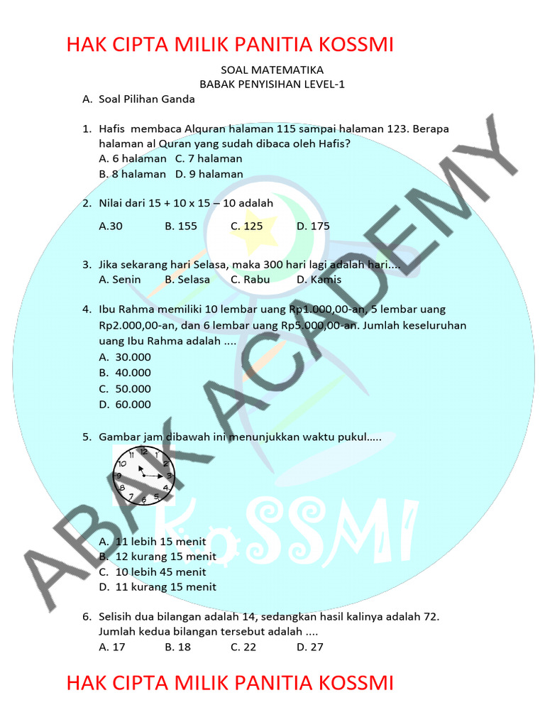 Soal Penyisihan Level 1 MTK - Kossmi | PDF | Metode & Bahan Ajar