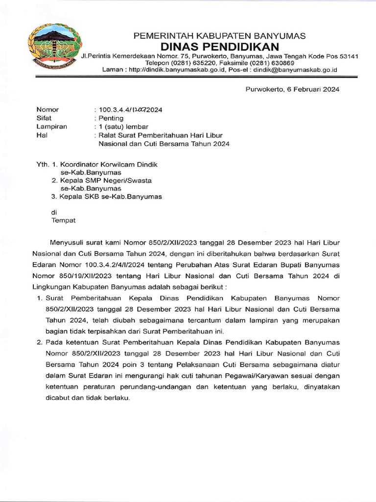 Ralat Surat Pemberitahuan Hari Libur Nasional Dan Cuti Bersama TH 2024 ...