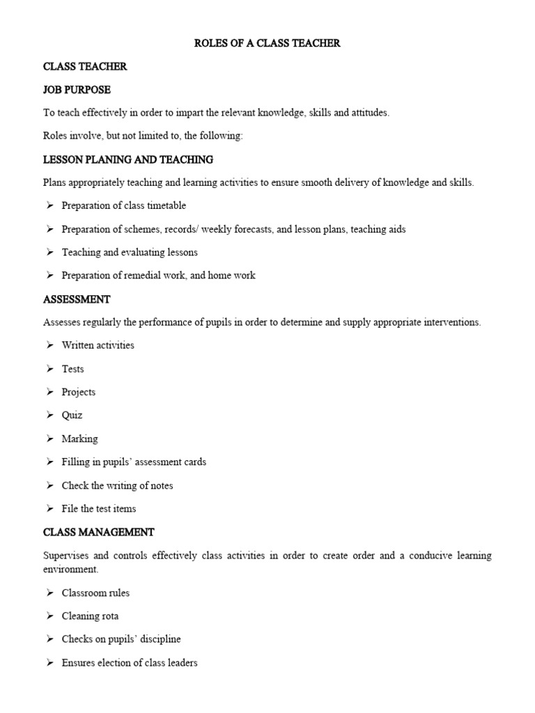 Roles of A Class Teacher | PDF