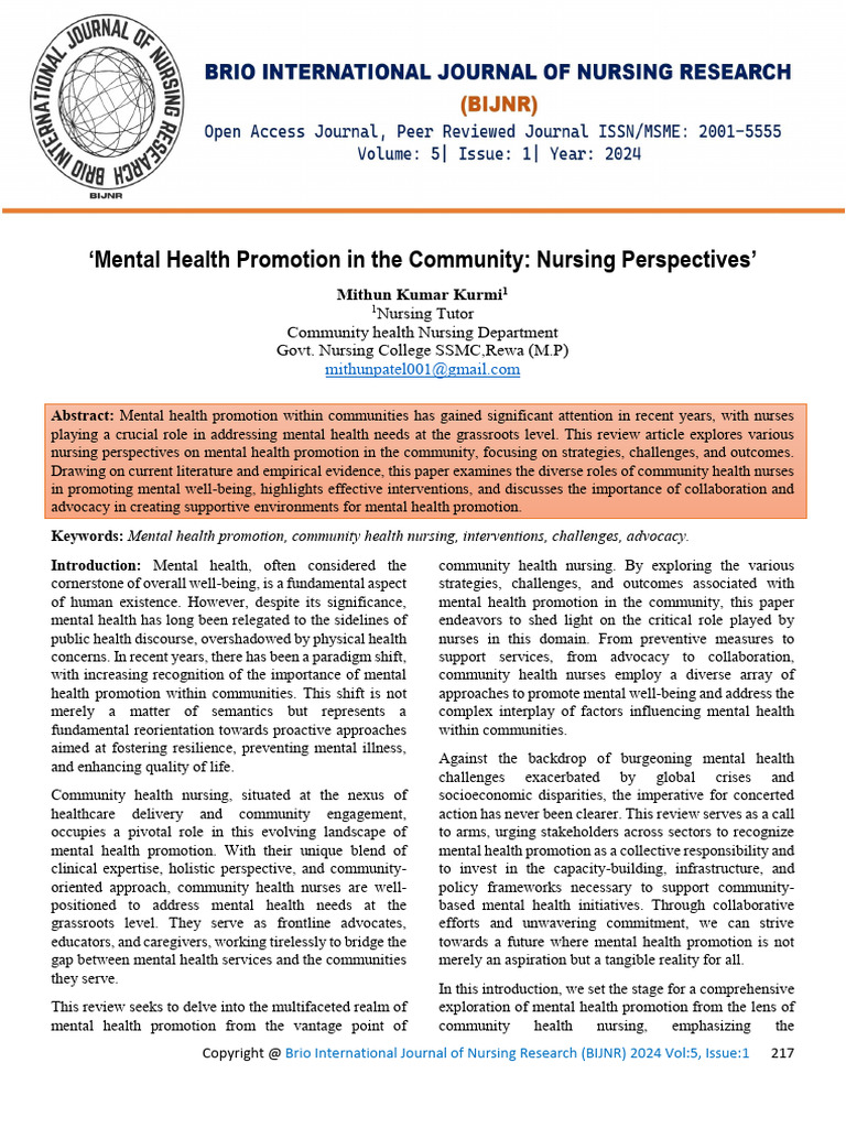 Mental Health Promotion in The Community: Nursing Perspectives' Mithun ...