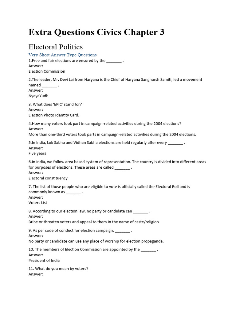 Extra Questions Civics Chapter 3 | PDF | Elections | Voting