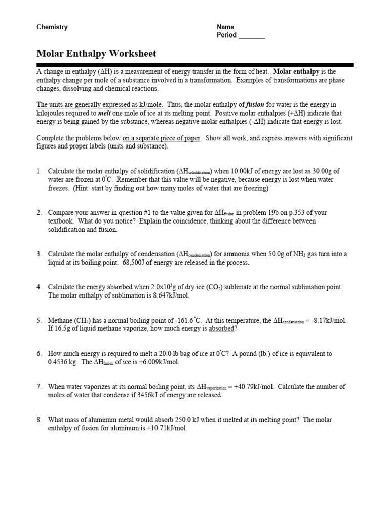 Molar Enthalpy Worksheet | PDF | Mole (Unit) | Water
