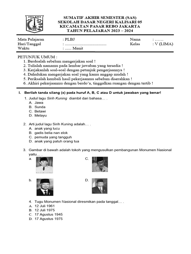 Soal PLBJ Kelas 5 SD Kalisari 05 | PDF