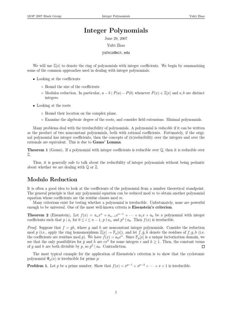 Math Olympiad Notes-1 | PDF | Polynomial | Algebra