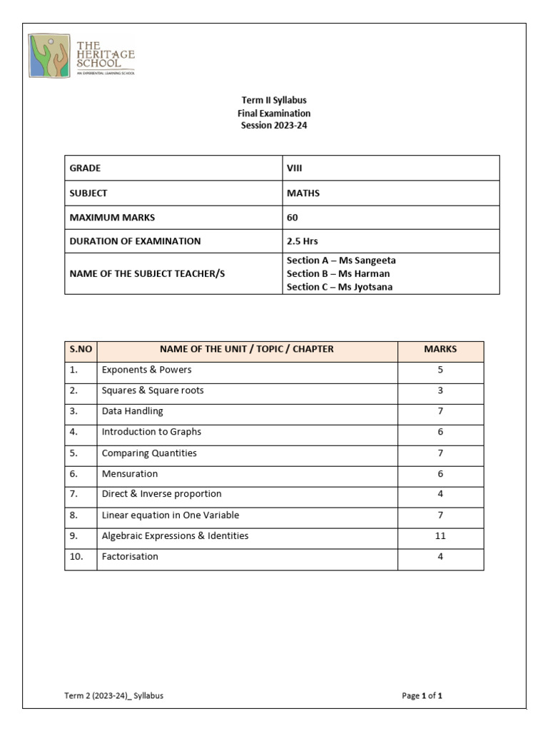 Term II - Syllabus - Grade VIII - Maths | PDF