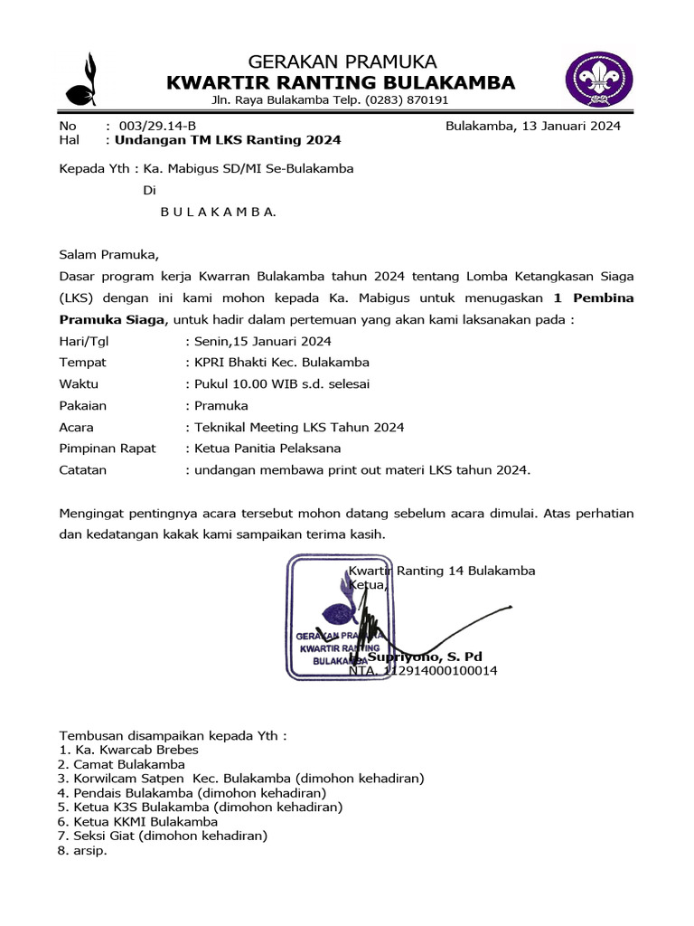 Surat Undangan TM LKS 2024 | PDF
