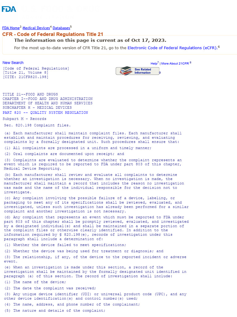 FDA 21CFR820.198 Complaint Files | PDF | Complaint | Medical Device