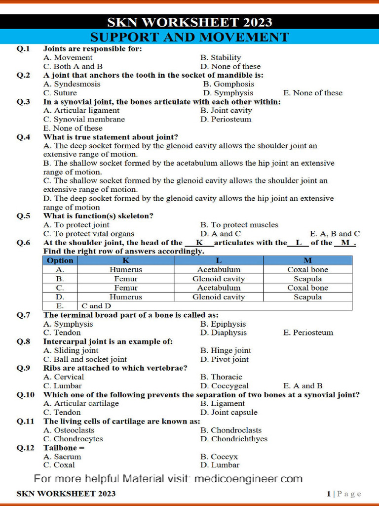 Support and Movement Worksheet by SKN 2023 570 Mcqs | PDF