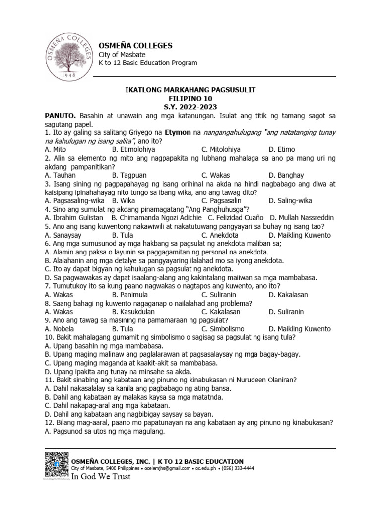 Ikatlong Markahang Pagsusulit Sa Filipino | PDF
