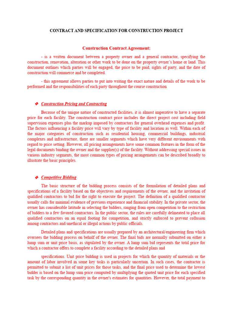 Contract and Specification For Construction Project | Download Free PDF ...